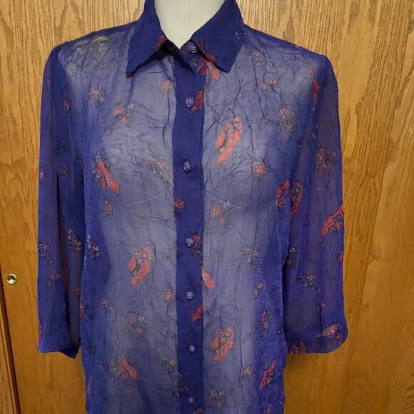 Tops | Sheer Purple Blouse With 34 Length Sleeve Embellished With Red ...